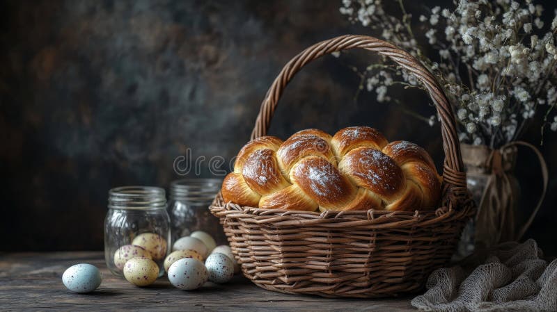 Rustic Basket of Braided Bread with Eggs and Mason Jars on Wooden Table ...