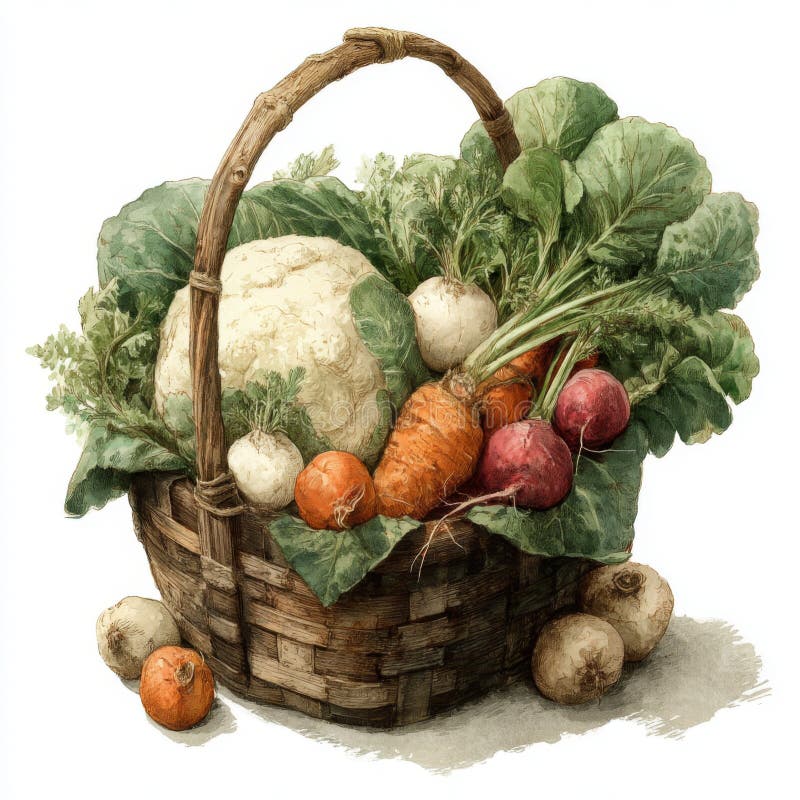 Rustic Basket of Colorful Fresh Vegetables Stock Illustration ...