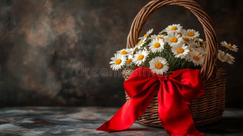 Rustic Basket of Daisies with Red Ribbon Stock Illustration ...