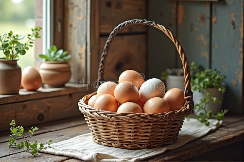 Rustic Basket Farm Fresh Eggs Wooden Table Near Sunlit Window Stock ...