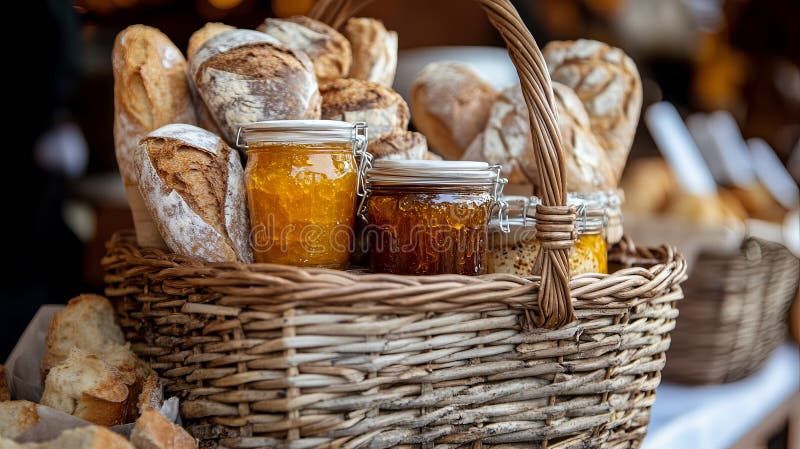 A Rustic Basket Filled with Artisan Breads and Hand-packed Jars of ...