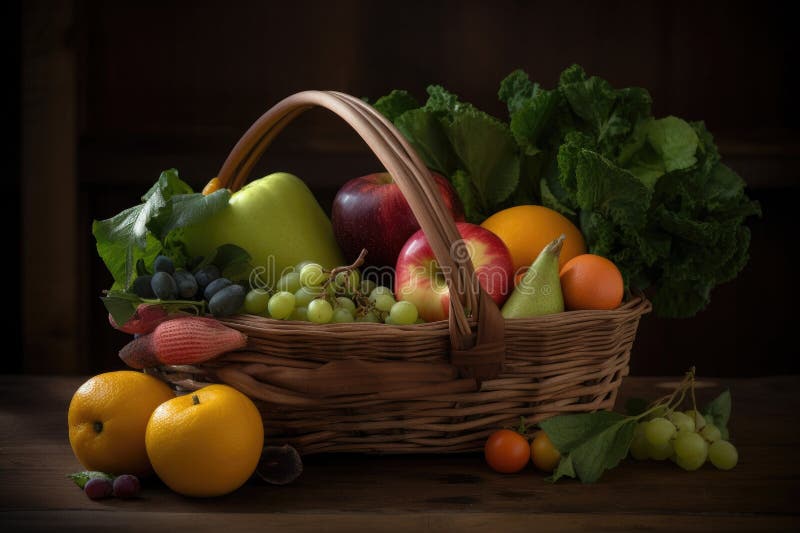 Rustic Basket of Fresh Fruits and Vegetables, with a Hint of Nature ...