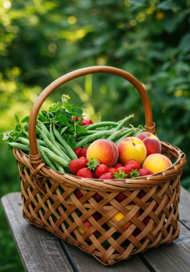 Rustic Basket of Fresh Summer Produce Stock Illustration - Illustration ...