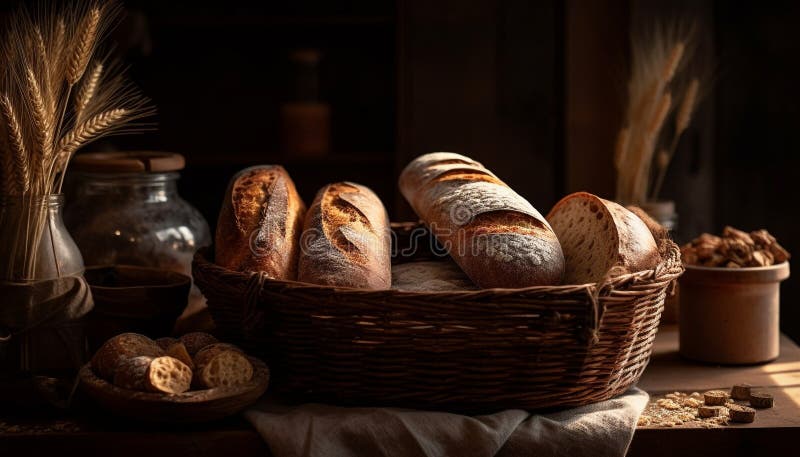 Rustic Basket Holds Fresh Baked Whole Wheat Bread Generated by AI Stock ...