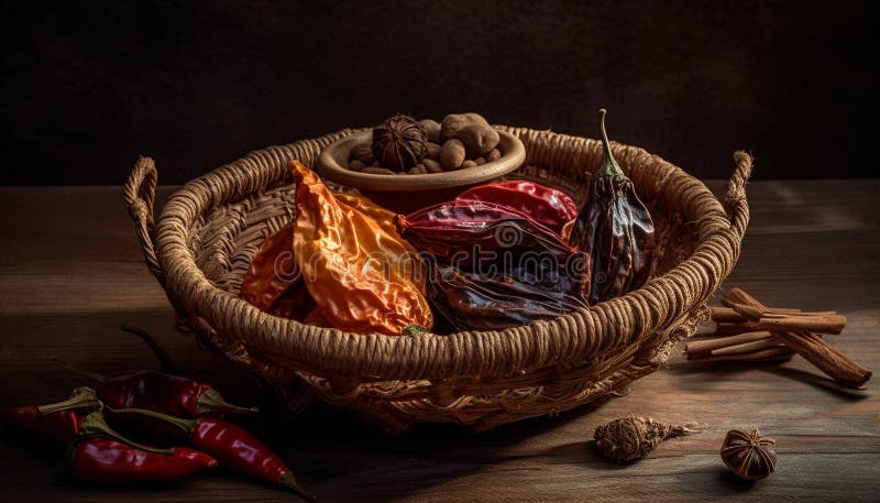 Rustic Basket Holds Organic Chili Pepper Seasoning Generated by AI ...