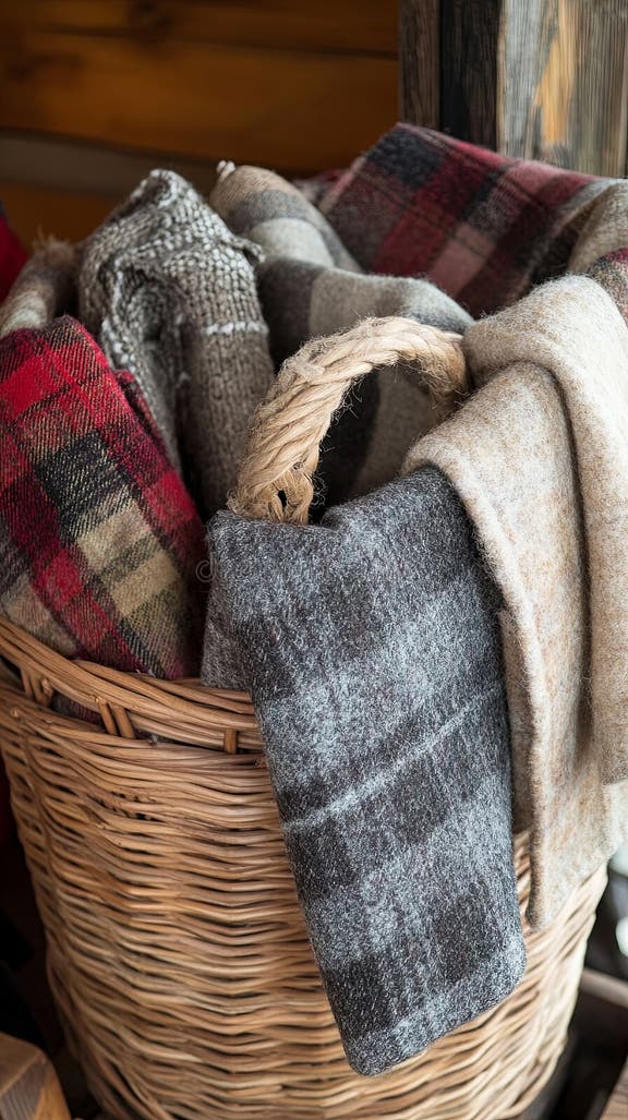 Rustic Basket Stuffed with Warm Plaid Throws. Stock Photo - Image of ...
