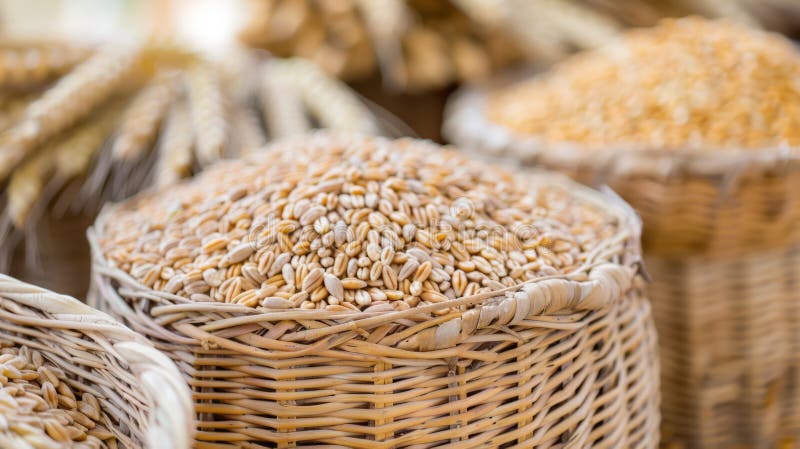 Rustic Baskets Filled with Various Types of Organic Wheat at a Farmer S ...