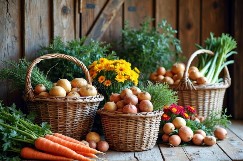 Rustic Baskets Overflowing with Fresh Vegetables and Flowers in Cozy ...