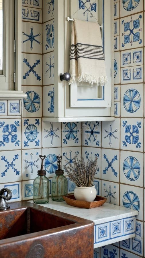 Rustic Bathroom with Blue Tile Patterns and Copper Sink in Vintage ...