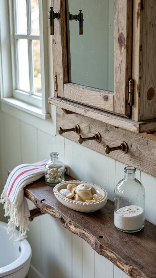 Rustic Bathroom Decor with Wooden Shelf and Natural Elements Stock ...