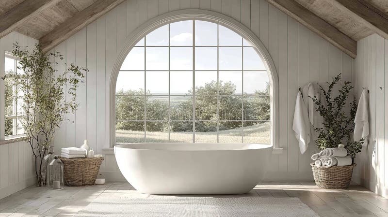 Rustic Bathroom with Large Arched Window, Showcasing a Serene Landscape ...