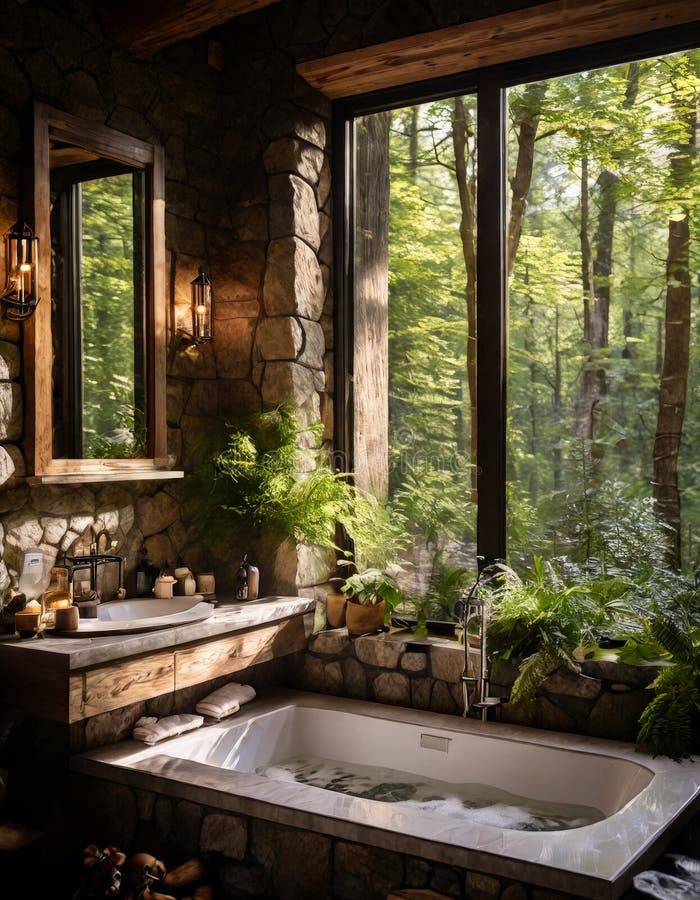 Rustic Bathroom with Stone Walls and Forest View Stock Photo - Image of ...