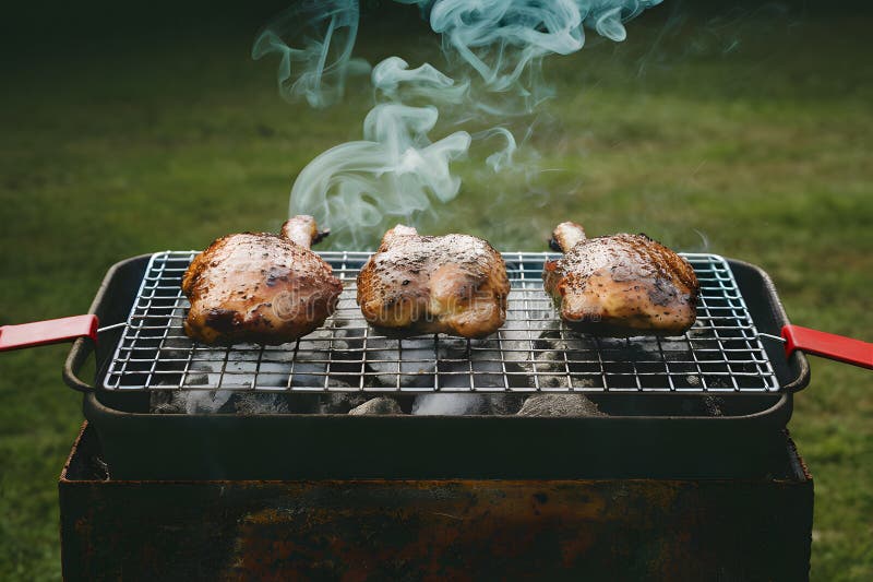Rustic BBQ Grill with Chicken on Wire Rack Smoke Rises Green Background ...