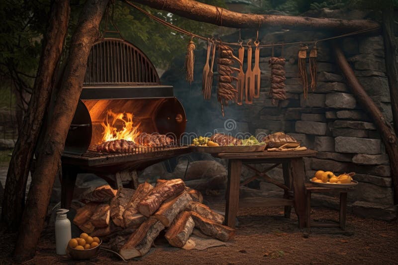 Rustic Bbq Setup with Ribs Over Campfire Stock Illustration ...