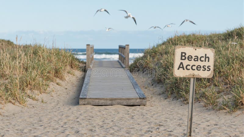 Rustic Beach Access Sign on Sandy Beach with Boardwalk Dunes Seagulls ...
