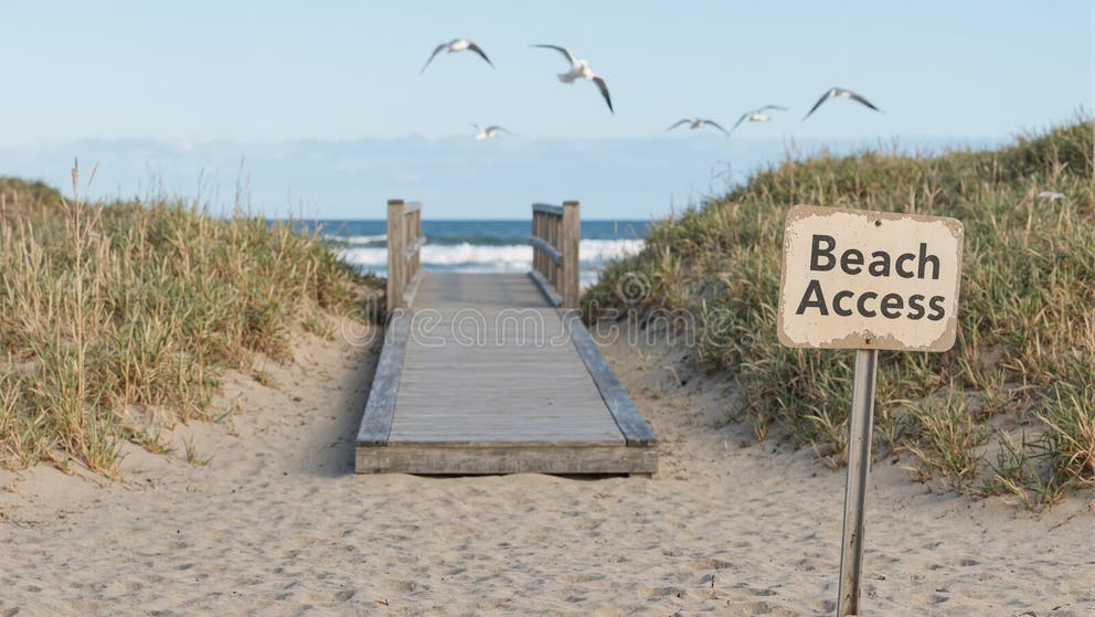 Rustic Beach Access Sign on Sandy Beach with Boardwalk Dunes Seagulls ...