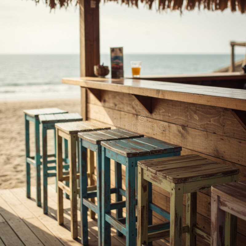 Rustic Beach Bar with Colorful Wooden Stools Stock Illustration ...