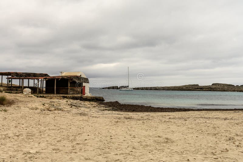 Rustic Beach Hut at Cala Binibeca Shoreline, Menorca Stock Photo ...