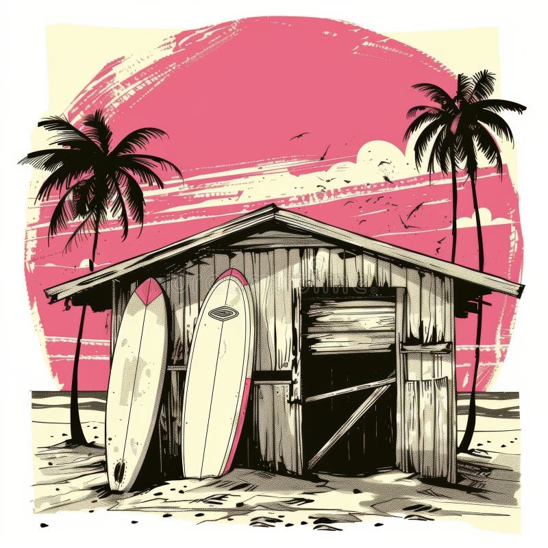 Rustic Beach Hut with Surfboards and Palm Trees at Sunset Stock Photo ...