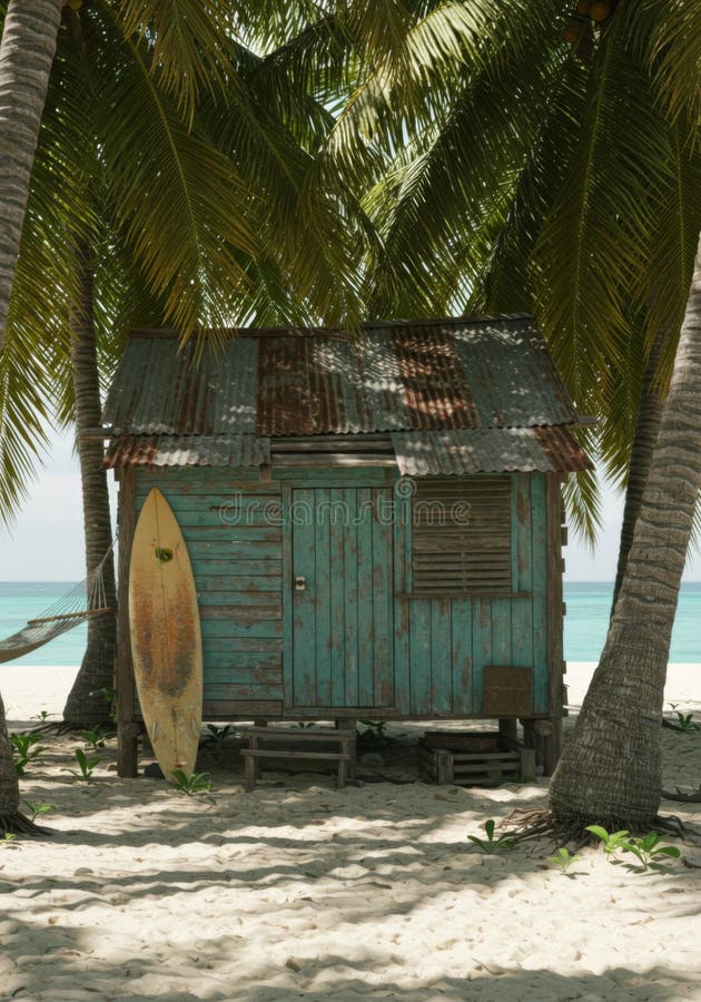 Rustic Beach Hut Under Palm Trees Stock Illustration - Illustration of wooden, travel: 380725886