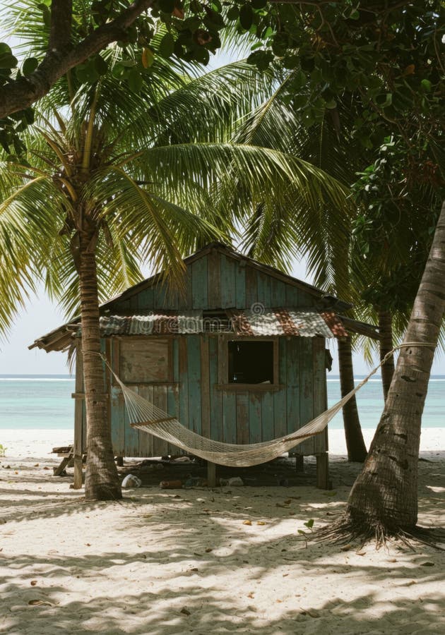 Rustic Beach Hut Under Palm Trees Stock Illustration - Illustration of wooden, relaxation: 381499048