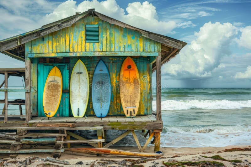 Rustic Beach Shack with Four Surfboards in Front of it Stock Image ...