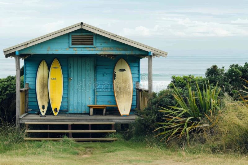 Rustic Beach Shack with Four Surfboards in Front of it Stock Image ...