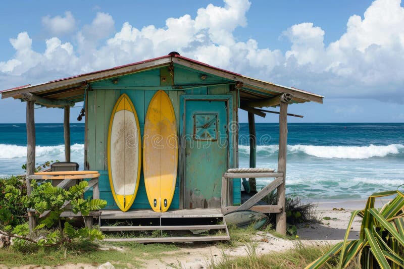 Rustic Beach Shack with Four Surfboards in Front of it Stock Photo ...