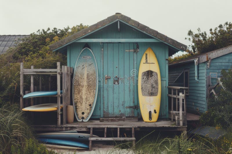 Rustic Beach Shack with Four Surfboards in Front of it Stock Image ...