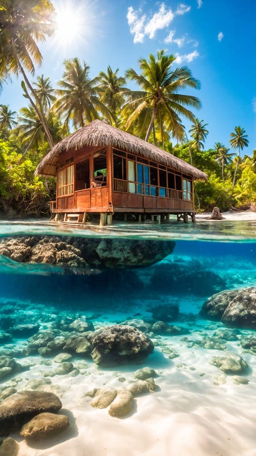 Rustic Beachfront Cabin on a Paradise Island Stock Illustration ...