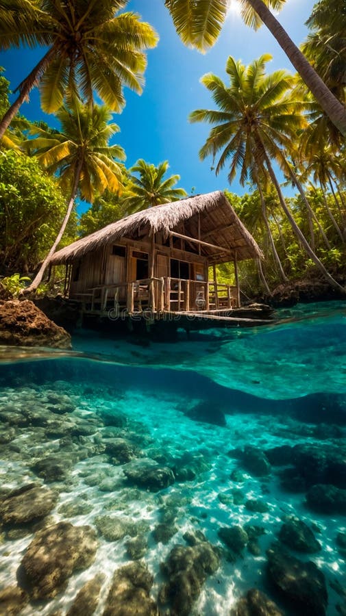 Rustic Beachfront Cabin on a Paradise Island Stock Illustration ...