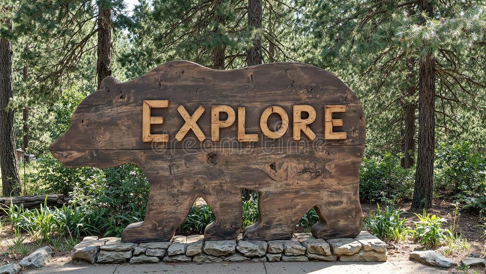Rustic Bear Shaped Campground Sign with Explore in Forest Setting Stock ...