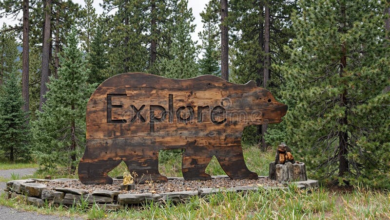 Rustic Bear Shaped Campground Sign with Explore in Forest Setting Stock Illustration ...