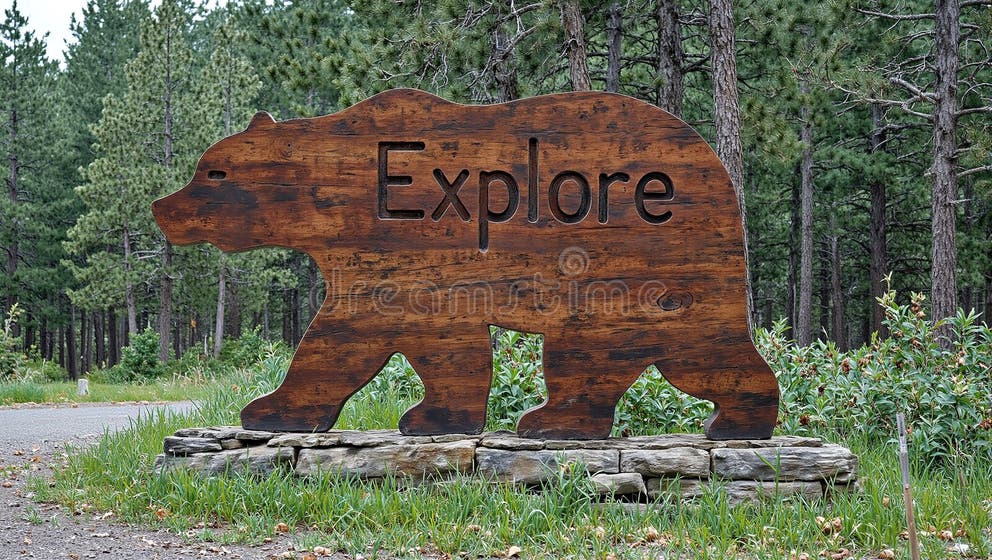 Rustic Bear Shaped Campground Sign with Explore in Forest Setting Stock ...