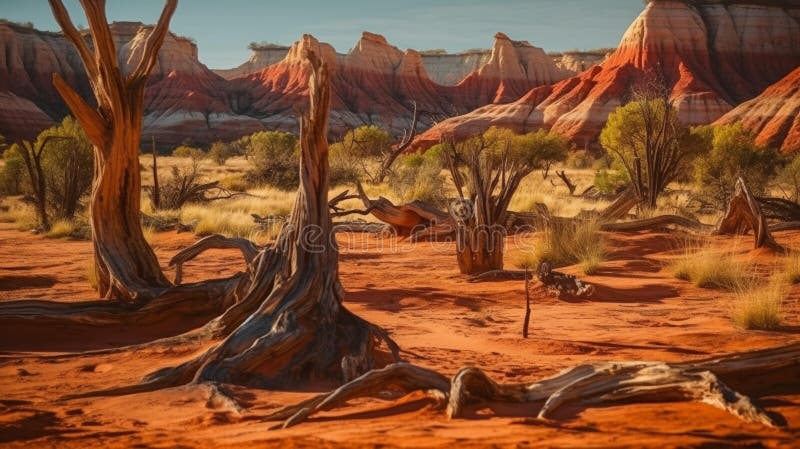 Rustic Beauty: Red Desert Landscape with Sandstone Formations and Dead ...