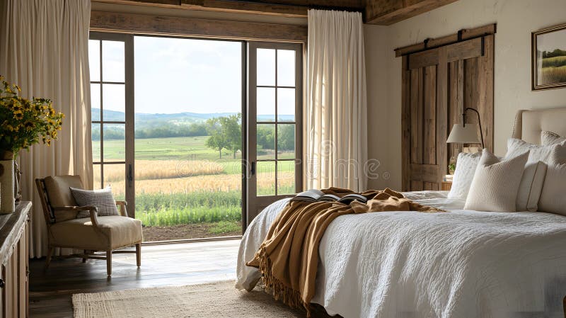 Rustic Bedroom, Farmhouse View, Open Doors, Peaceful Landscape ...