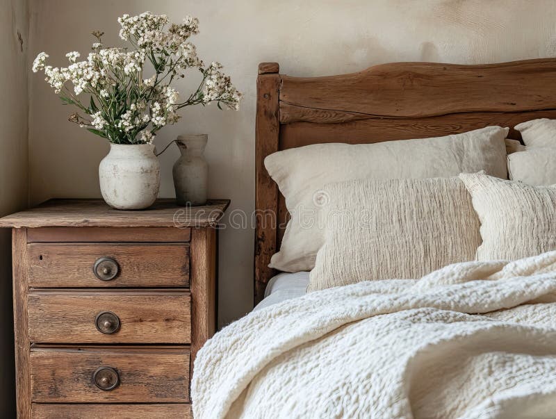 Rustic Bedroom Decor: Flowers in Vase on Bedside Table, Cozy Home ...
