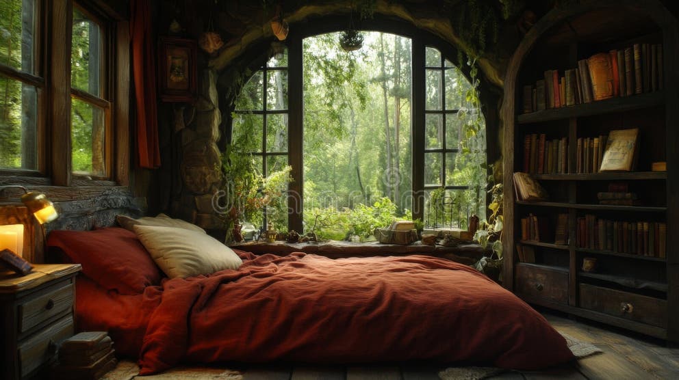 Rustic Bedroom with Forest View and Bookshelf Stock Illustration ...