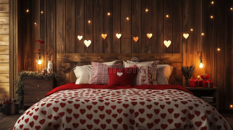 Rustic Bedroom with Heart-Shaped Lights and Bedding Stock Illustration ...