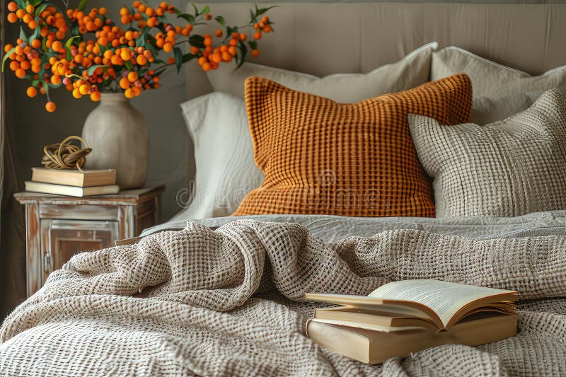 Rustic Bedroom Interior with Stack of Books. Stock Illustration - Illustration of generated ...