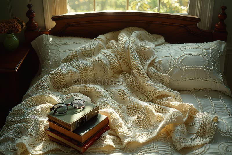 Rustic Bedroom Interior with Stack of Books. Stock Image - Image of ...