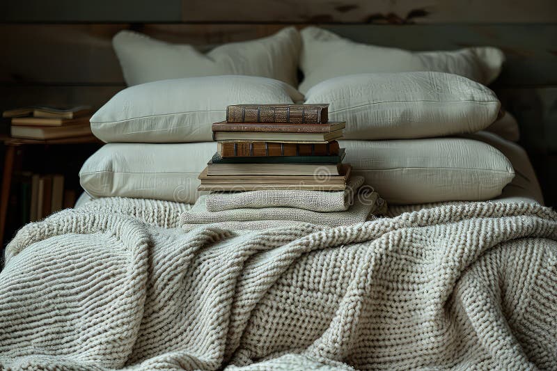 Rustic Bedroom Interior with Stack of Books. Stock Image - Image of ...