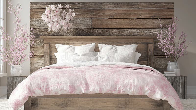 Rustic Bedroom, Pink Bedding, Spring Blossoms, Wood Wall, Interior ...