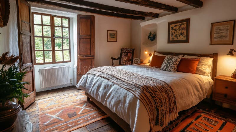 Rustic Bedroom with Wooden Beams and Orange Accents Stock Illustration ...