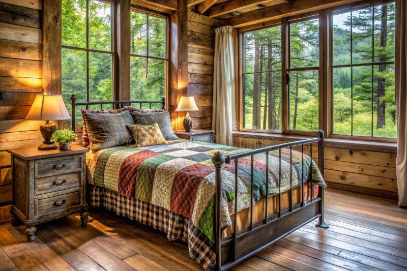 Rustic Bedroom with a Wrought Iron Bed Frame and Cozy Decor Stock ...
