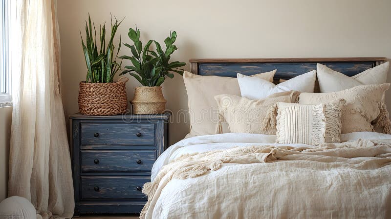 Cozy Bedroom with Rustic Nightstand and Plants in a Light Setting ...