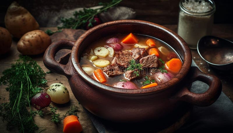 Rustic Beef Stew Cooked in Crockery Bowl Generated by AI Stock Photo ...
