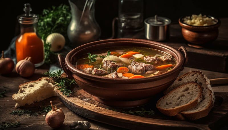 Rustic Beef Stew Cooked in Crockery Bowl Generated by AI Stock Image ...