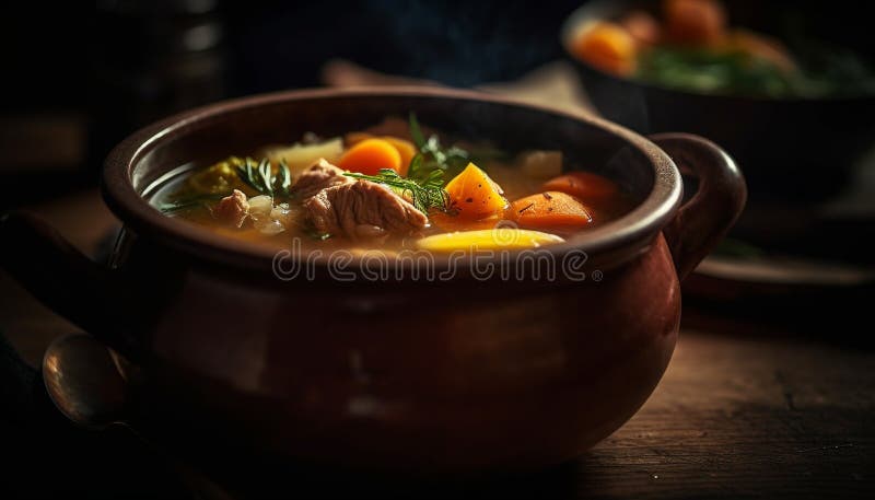 Rustic Beef Stew Cooked in a Crockery Bowl on Wood Table Generated by ...