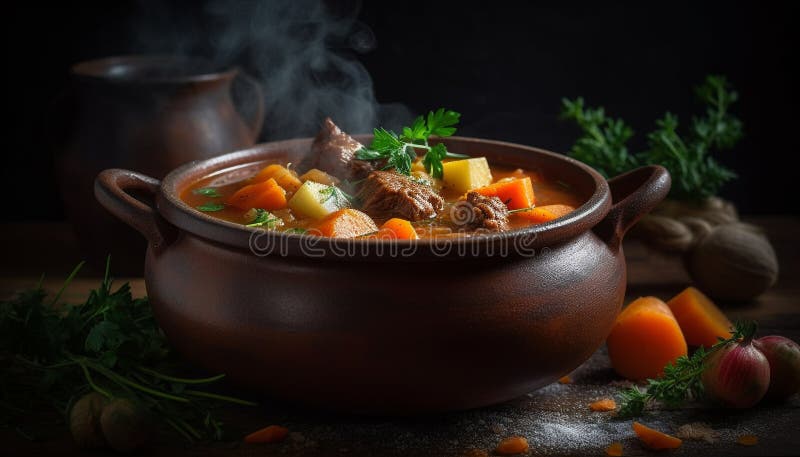 A Rustic Beef Stew Cooked in a Crockery, Perfect for Lunch Generated by ...